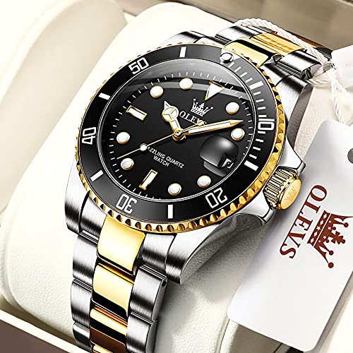 OLEVS Mens Wrist Watches,Silver Two Tone Stainless Steel Men Dress Watches with Date Luminous Classic Luxury Waterproof 41mm Large Face Black Dial Quartz Watch for Men,Relojes de Hombre Business watches