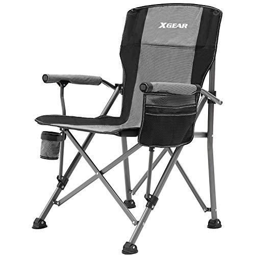 XGEAR Camping Chair Hard Arm High Back Lawn Chair Heavy Duty with Cup Holder, for Camp, Fishing, Hiking, Outdoor, Carry Bag Included (Cool Gray)