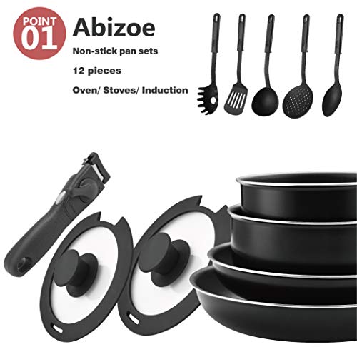 Abizoe 12 Piece Non-Stick Cookware Set Non-Stick Pans and Pots with Removable Handles, Space Efficient Excellent for RVs and Compact Kitchen (Black 12 pieces)