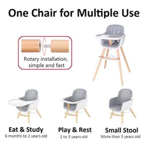 Foho Baby High Chair, Perfect 3 in 1 Convertible Wooden High Chair with Cushion, Removable Tray, and Adjustable Legs for Baby & Toddler (Gray)