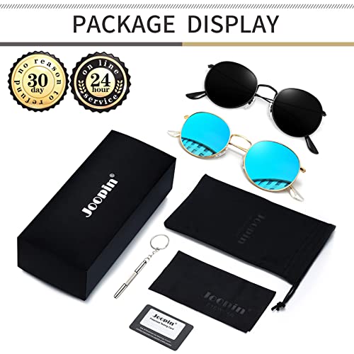 Joopin 2 Pack Metal Circle Sunglasses Polarized UV Protection, Trendy Thin Rim All Black Sun Glasses, Gold Frame Mirror Blue Sunnies, Retro Round Shades for Women Men Driving Fishing Sensitive Eyes