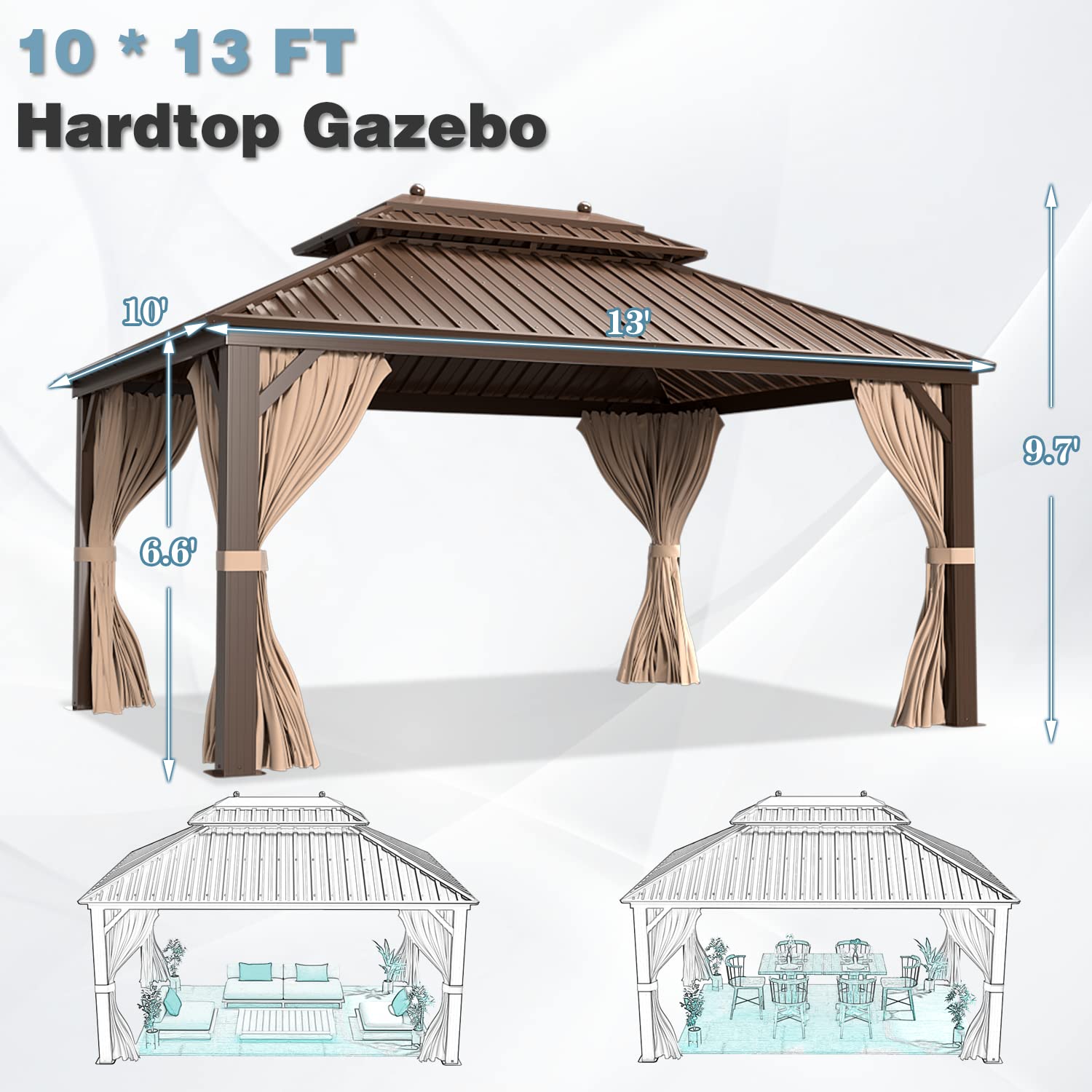 MELLCOM 10' X 13' Hardtop Gazebo Galvanized Steel Outdoor Gazebo Canopy Double Vented Roof Pergolas Aluminum Frame with Netting and Curtains for Garden,Patio,Lawns,Parties