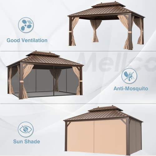 MELLCOM 12' x 16' Hardtop Gazebo, Galvanized Steel Metal Double Roof Aluminum Gazebo with Curtains and Netting, Brown Permanent Pavilion Gazebo with Aluminum Frame for Patios, Gardens, Lawns