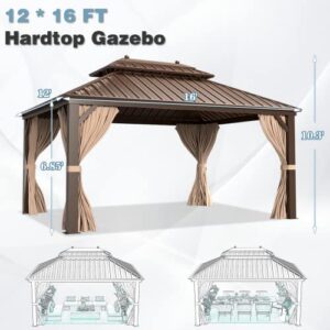 MELLCOM 12' x 16' Hardtop Gazebo, Galvanized Steel Metal Double Roof Aluminum Gazebo with Curtains and Netting, Brown Permanent Pavilion Gazebo with Aluminum Frame for Patios, Gardens, Lawns