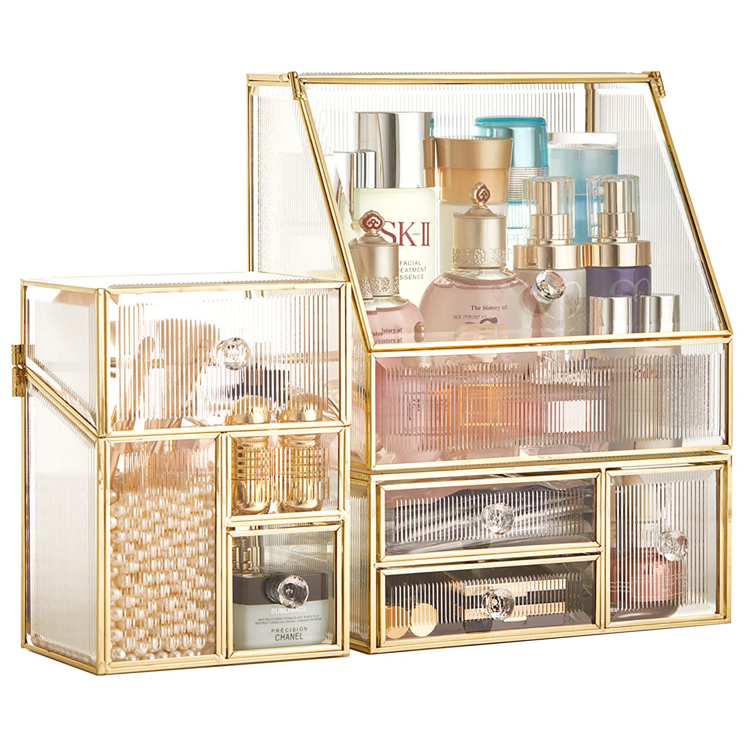 Stackable 3Pieces Drawer Set Glass Makeup Organizer Antique Countertop Vanity Cosmetic Storage Box Mirror Glass Beauty Display, Holder for Brushes Lipsticks Skincare Toner with free Pearl (Gold)