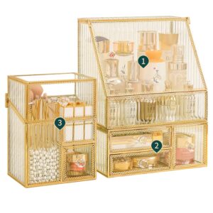 Stackable 3Pieces Drawer Set Glass Makeup Organizer Antique Countertop Vanity Cosmetic Storage Box Mirror Glass Beauty Display, Holder for Brushes Lipsticks Skincare Toner with free Pearl (Gold)