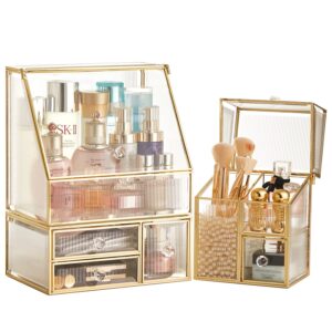 Stackable 3Pieces Drawer Set Glass Makeup Organizer Antique Countertop Vanity Cosmetic Storage Box Mirror Glass Beauty Display, Holder for Brushes Lipsticks Skincare Toner with free Pearl (Gold)