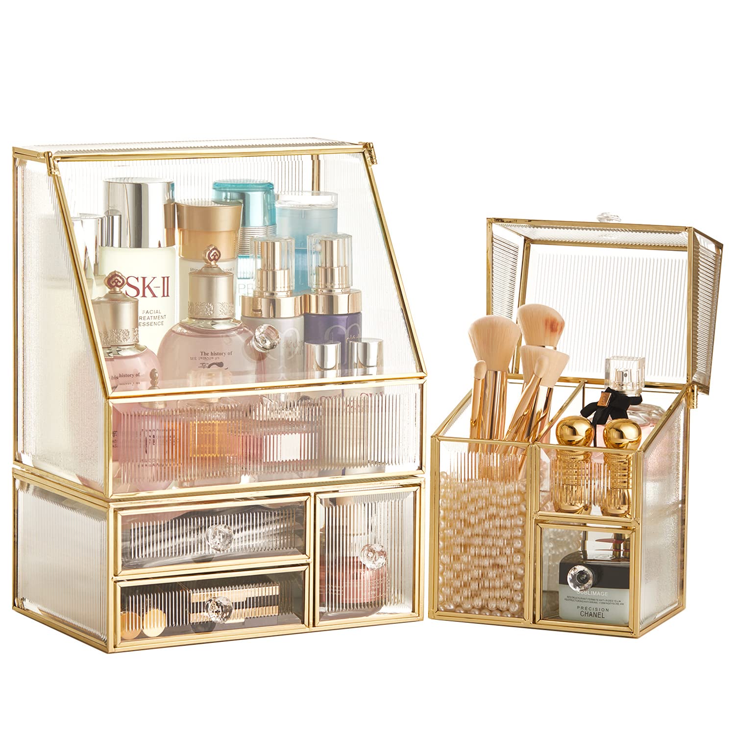 Stackable 3Pieces Drawer Set Glass Makeup Organizer Antique Countertop Vanity Cosmetic Storage Box Mirror Glass Beauty Display, Holder for Brushes Lipsticks Skincare Toner with free Pearl (Gold)