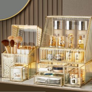 Stackable 3Pieces Drawer Set Glass Makeup Organizer Antique Countertop Vanity Cosmetic Storage Box Mirror Glass Beauty Display, Holder for Brushes Lipsticks Skincare Toner with free Pearl (Gold)