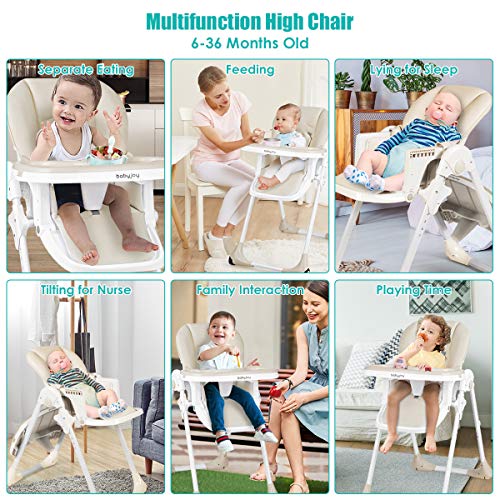 BABY JOY Convertible High Chair for Babies & Toddlers, Height Adjustable, Grow & Go High Chair w/Recline & Footrest, Removable Dishwasher Safe Meal Tray, Portable Baby Dinning Chair w/Wheels (Beige)