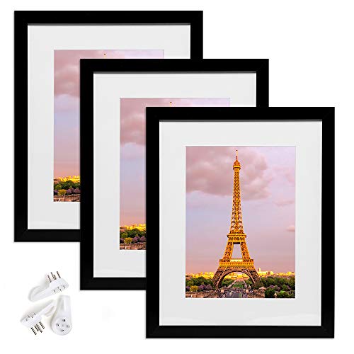 upsimples 12x16 Picture Frame Set of 3, Made of High Definition Glass for 8.5x11 with Mat or 12x16 Without Mat, Wall Mounting Photo Frames, Black