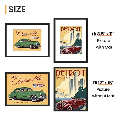 upsimples 12x16 Picture Frame Set of 3, Made of High Definition Glass for 8.5x11 with Mat or 12x16 Without Mat, Wall Mounting Photo Frames, Black