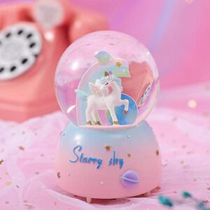 aveki unicorn snow globe, 3.94 inch automatic snowfall musical snow globe with lights cute rainbow snow lights for kids babies birthday christmas new year gifts(blue)