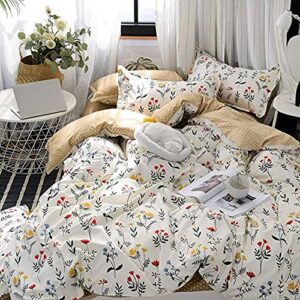 erosebridal boho floral bedding set yellow flower duvet cover blue red blossom comforter cover botanical country garden leaf branch quilt cover for kids girls women room decor full size,white brown