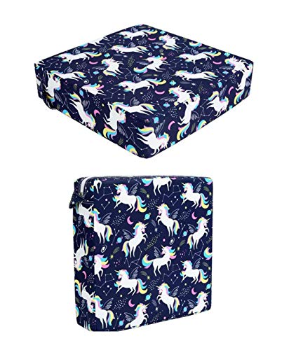 Mornenjoy Toddler Booster Seat Cushion for Dining Table,Chair Increasing Cushion for Children,Highchair Booster Cushion Washable Cloth Square Kids Seat Cushion with Straps (Unicorn Blue)