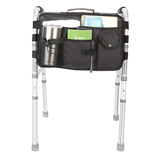 Double Sided Walker Bag, Walker Organizer Pouch Tote for Rollator and Folding Walker (Black)