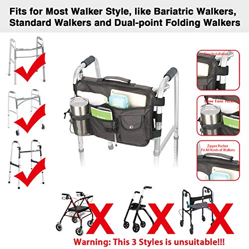 Double Sided Walker Bag, Walker Organizer Pouch Tote for Rollator and Folding Walker (Black)