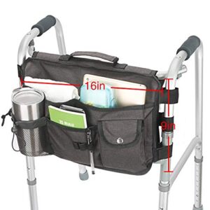 Double Sided Walker Bag, Walker Organizer Pouch Tote for Rollator and Folding Walker (Black)