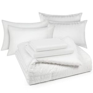 CozyLux King Comforter Set with Sheets White Seersucker Bed in a Bag 7-Pieces All Season Bedding Sets with Comforter, Pillow Sham, Flat Sheet, Fitted Sheet, Pillowcase