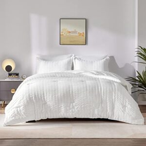 CozyLux King Comforter Set with Sheets White Seersucker Bed in a Bag 7-Pieces All Season Bedding Sets with Comforter, Pillow Sham, Flat Sheet, Fitted Sheet, Pillowcase