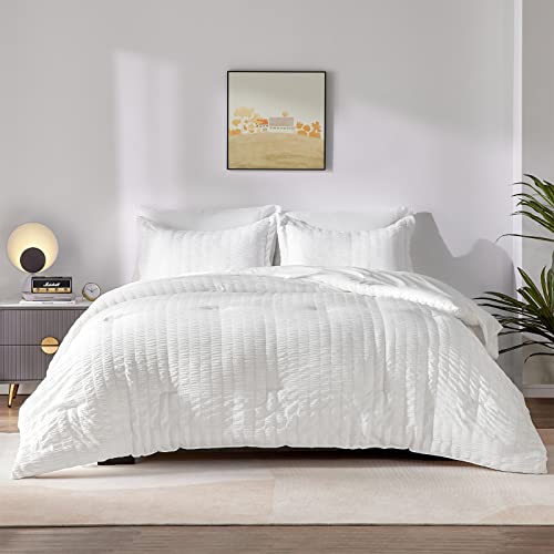 CozyLux King Comforter Set with Sheets White Seersucker Bed in a Bag 7-Pieces All Season Bedding Sets with Comforter, Pillow Sham, Flat Sheet, Fitted Sheet, Pillowcase