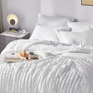 CozyLux King Comforter Set with Sheets White Seersucker Bed in a Bag 7-Pieces All Season Bedding Sets with Comforter, Pillow Sham, Flat Sheet, Fitted Sheet, Pillowcase