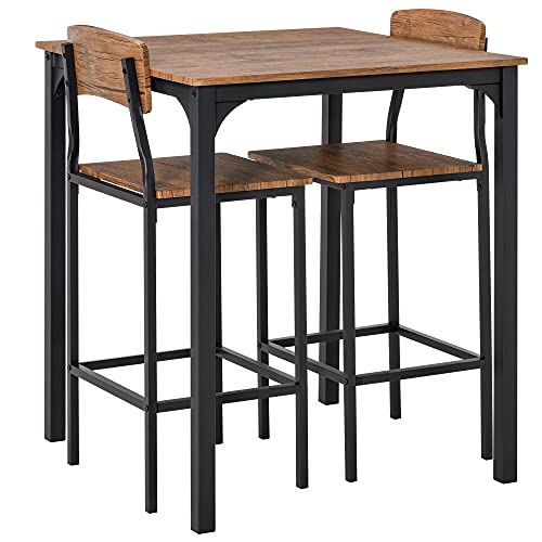 HOMCOM 3 Piece Industrial Counter Height Dining Table Set, Bar Table & Chairs with Steel Legs & Footrests, Black