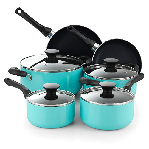 Cook N Home Kitchen Cookware Sets Nonstick, Pots and Pans Set Includes Stockpots, Saucepans, Frying Pans, Dutch Oven Pot with Lids, 10-Piece, Turquoise