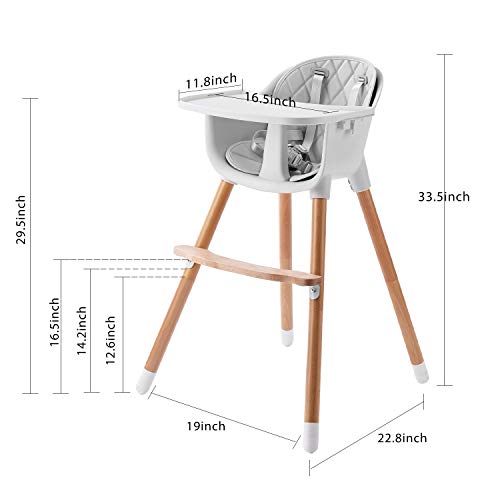 IKARE Wooden Natural Baby High Chair W/Removable Tray & Safety Harness, 3-in-1 Infant Highchair/Booster/Kid Chair | Grows with Your Child | Adjustable Legs | Modern Wood Design (Gray)