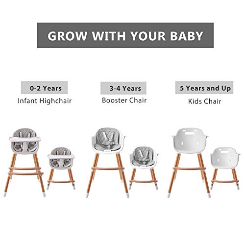 IKARE Wooden Natural Baby High Chair W/Removable Tray & Safety Harness, 3-in-1 Infant Highchair/Booster/Kid Chair | Grows with Your Child | Adjustable Legs | Modern Wood Design (Gray)