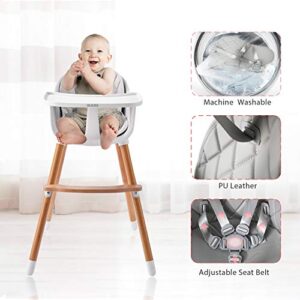 IKARE Wooden Natural Baby High Chair W/Removable Tray & Safety Harness, 3-in-1 Infant Highchair/Booster/Kid Chair | Grows with Your Child | Adjustable Legs | Modern Wood Design (Gray)