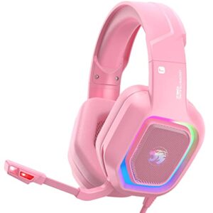 ziumier z30 pink gaming headset for ps4, ps5, xbox one, pc, wired over-ear headphone with noise canceling microphone, led flowing rgb light, 7.1 surround sound,comfortable earmuffs