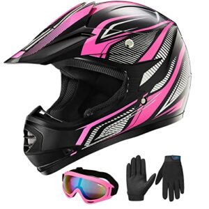 ilm youth kids atv motocross helmet goggles sports gloves dirt bike motorcycle off road dot approved b07 (youth-l, pink black)