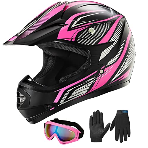 ILM Youth Kids ATV Motocross Helmet Goggles Sports Gloves Dirt Bike Motorcycle Off Road DOT Approved B07 (Youth-L, Pink Black)