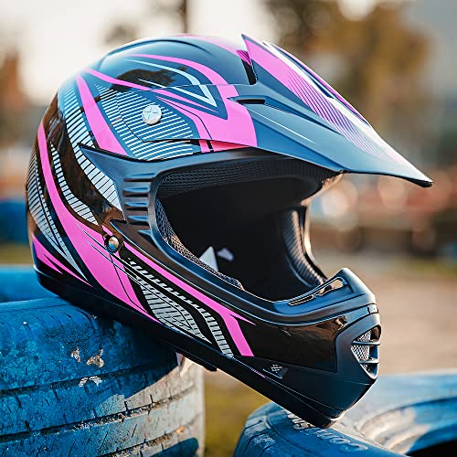 ILM Youth Kids ATV Motocross Helmet Goggles Sports Gloves Dirt Bike Motorcycle Off Road DOT Approved B07 (Youth-L, Pink Black)