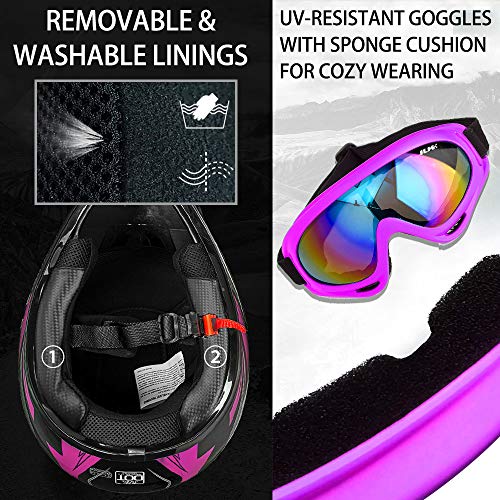 ILM Youth Kids ATV Motocross Helmet Goggles Sports Gloves Dirt Bike Motorcycle Off Road DOT Approved B07 (Youth-L, Pink Black)