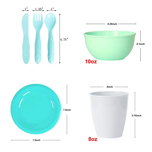 Youngever 54 pcs Plastic Kids Dinnerware Set of 9 in 9 Coastal Colors, Toddler Dining Set, Cups, Kids Plates, Kids Bowls, Flatware Set, Kids Dishes Set