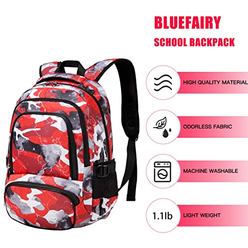 BLUEFAIRY Kids Backpack Boys Girls Elementary School Bags Primary Middle School Book Bags Lightweight Sturdy Durable Travel Gifts for Teenager Daughter Son Mochila para niños 17 Inch (Camo Red)