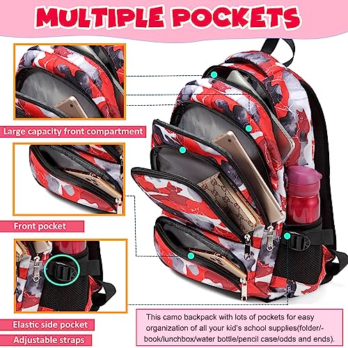 BLUEFAIRY Kids Backpack Boys Girls Elementary School Bags Primary Middle School Book Bags Lightweight Sturdy Durable Travel Gifts for Teenager Daughter Son Mochila para niños 17 Inch (Camo Red)