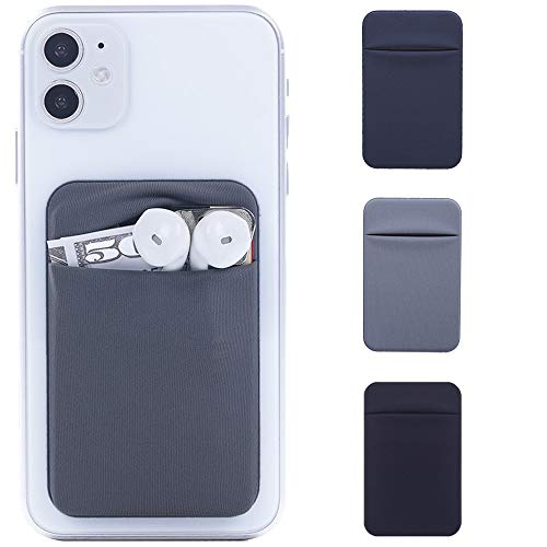 3Pack Cell Phone Card Holder Pocket Sticker Stretchy Lycra for Back of Phone with Flap Credit/ID Card Sleeve Adhesive Stick on Wallet for iPhone,Android All Smartphones (Black,Grey,Dark Grey)