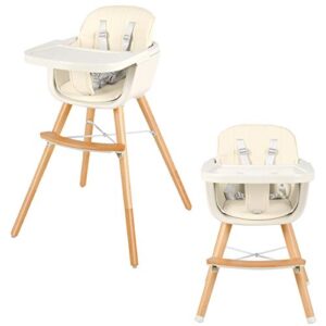 HONEY JOY High Chair, 3-in-1 Eat & Grow Wooden Highchair/Booster Seat/Toddler Chair with Removable Tray, 5-Point Harness, PU Cushion and Footrest for Baby, High Chair for Babies and Toddlers