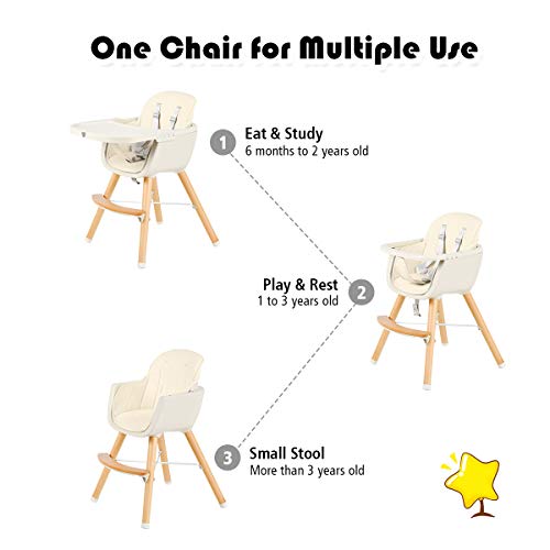 HONEY JOY High Chair, 3-in-1 Eat & Grow Wooden Highchair/Booster Seat/Toddler Chair with Removable Tray, 5-Point Harness, PU Cushion and Footrest for Baby, High Chair for Babies and Toddlers