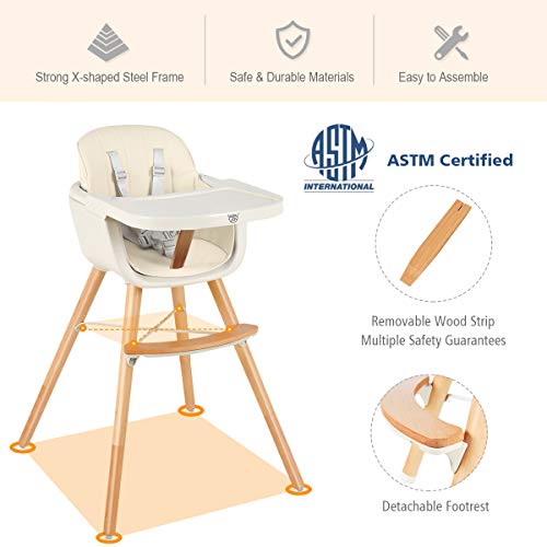 HONEY JOY High Chair, 3-in-1 Eat & Grow Wooden Highchair/Booster Seat/Toddler Chair with Removable Tray, 5-Point Harness, PU Cushion and Footrest for Baby, High Chair for Babies and Toddlers