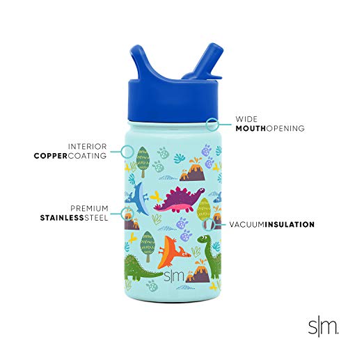 Simple Modern Kids Water Bottle with Straw Lid | Insulated Stainless Steel Reusable Tumbler for Toddlers, Girls, Boys | Summit Collection | 14oz, Blue Dino