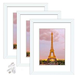 upsimples 8.5x11 picture frame set of 3, made of high definition glass for 6x8 with mat or 8.5x11 without mat, wall mounting photo frames, white