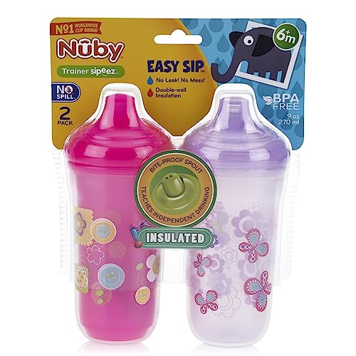 Nuby No-Spill Insulated Hard Spout 9 oz Cup, Colors/Prints May Vary,2 Count (Pack of 1)