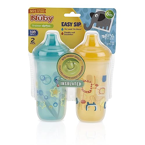 Nuby No-Spill Insulated Hard Spout 9 oz Cup, Colors/Prints May Vary,2 Count (Pack of 1)