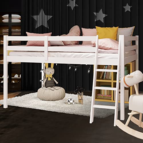 Bonnlo Low Loft Bed Full Size with Inclined Stairs, Junior Loft Bed with High Guard Rail for Kids/Young Teens/Adults, Solid Wood Low Bunk Bed Full Size White, 2 Center Beams, No Box Spring Required