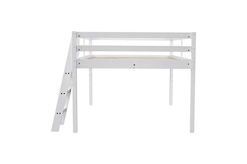 Bonnlo Low Loft Bed Full Size with Inclined Stairs, Junior Loft Bed with High Guard Rail for Kids/Young Teens/Adults, Solid Wood Low Bunk Bed Full Size White, 2 Center Beams, No Box Spring Required