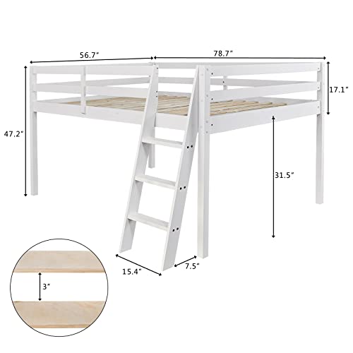 Bonnlo Low Loft Bed Full Size with Inclined Stairs, Junior Loft Bed with High Guard Rail for Kids/Young Teens/Adults, Solid Wood Low Bunk Bed Full Size White, 2 Center Beams, No Box Spring Required